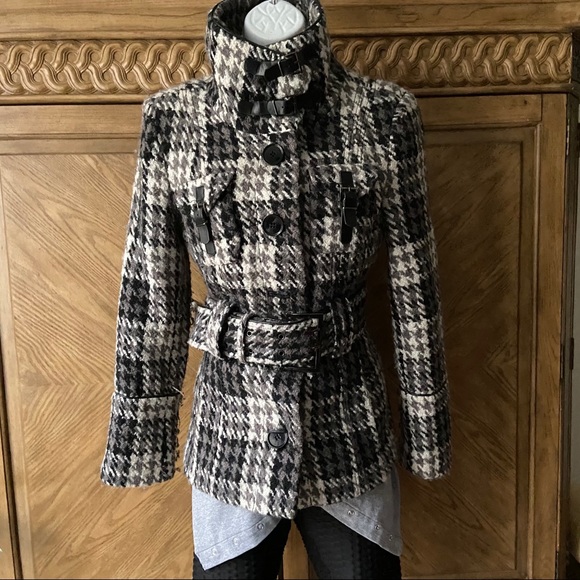 Zara | Jackets & Coats | Zara Gray Houndstooth High Collar Wool Blend ...